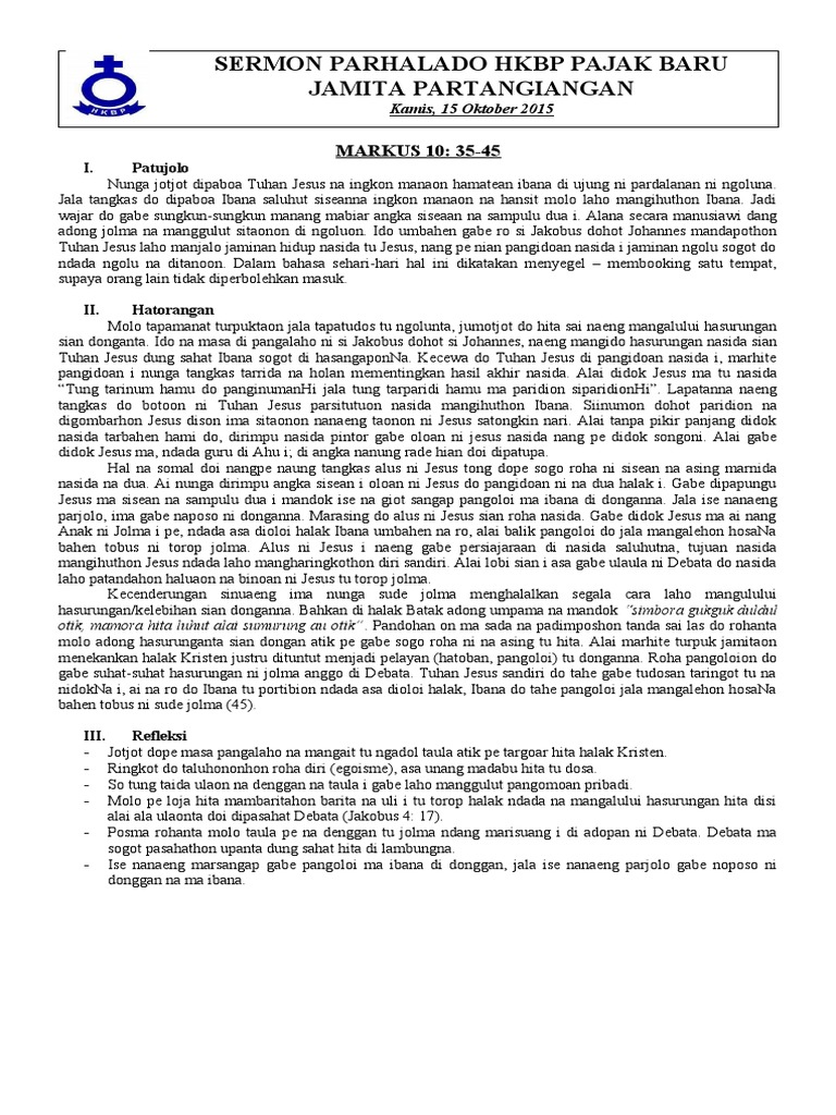 Sermon Parhalado HKBP Pajak Baru Jamita Partangiangan: MARKUS 10: 35-45 | PDF | Agama ...