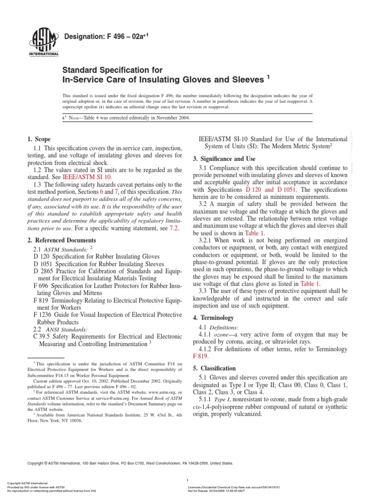 ASTM F 496 In-Service Care of Insulating Gloves | PDF