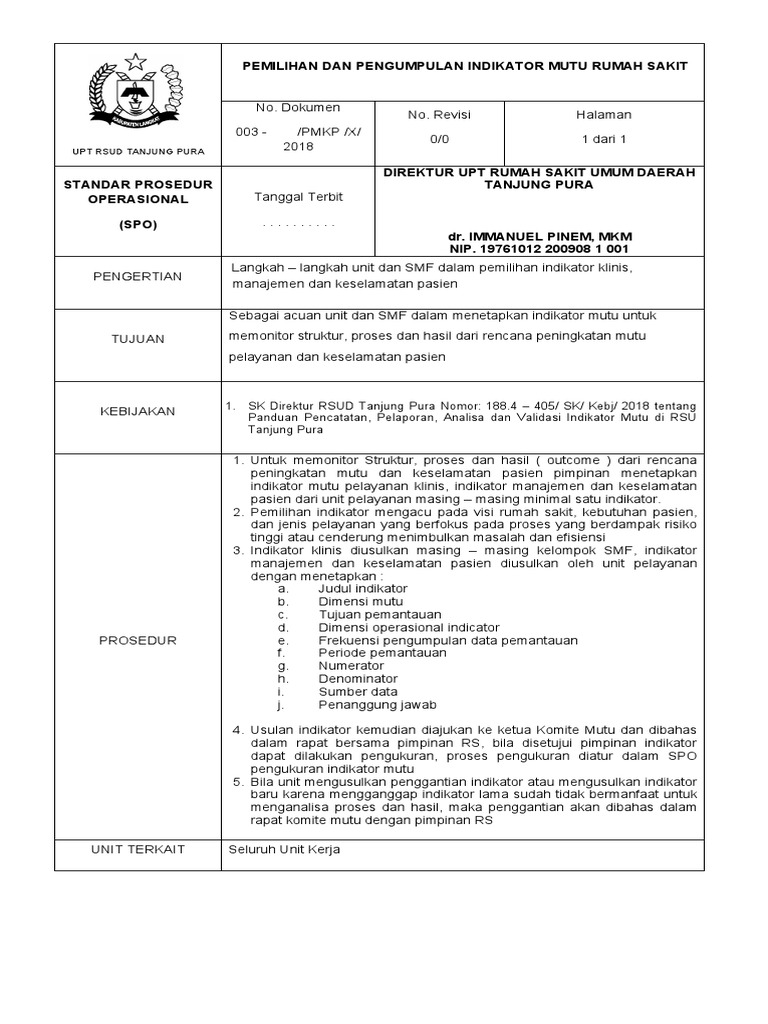 Spo Pemilihan Dan Pengumpulan Indikator Mutu Rumah Sakit | PDF