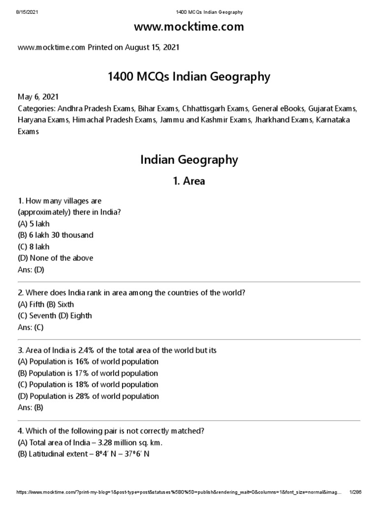 1400 MCQs Indian Geography | PDF