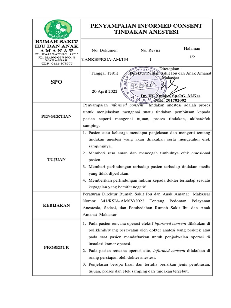 Informed Consent Anestesi RSIA Amanat | PDF