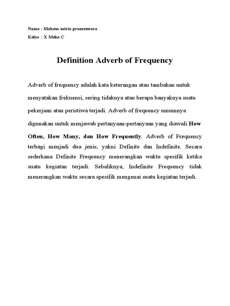 Nama - Mahesa Satria P. Kelas X Meka C Latihan Adverb of Frequency | PDF | Seni & Disiplin ...