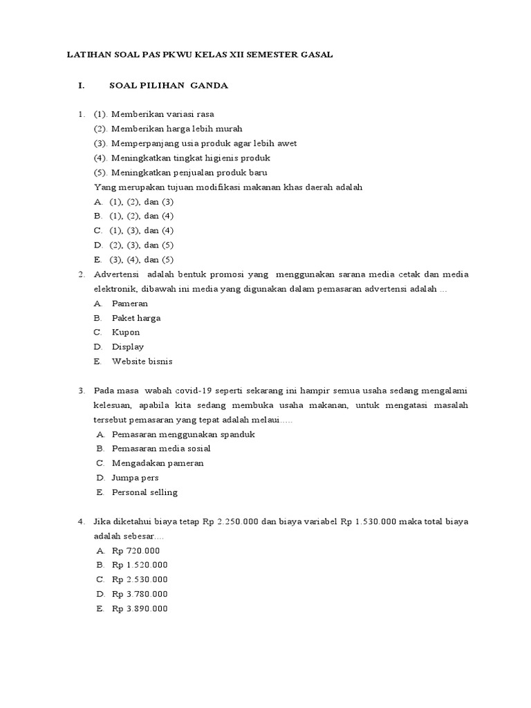 Soal Latihan Pas Gasal Pkwu Kelas Xii | PDF