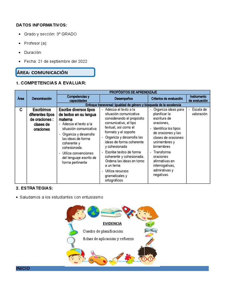 Tipos de Oraciones en 3° Grado | PDF | Reloj | Evaluación
