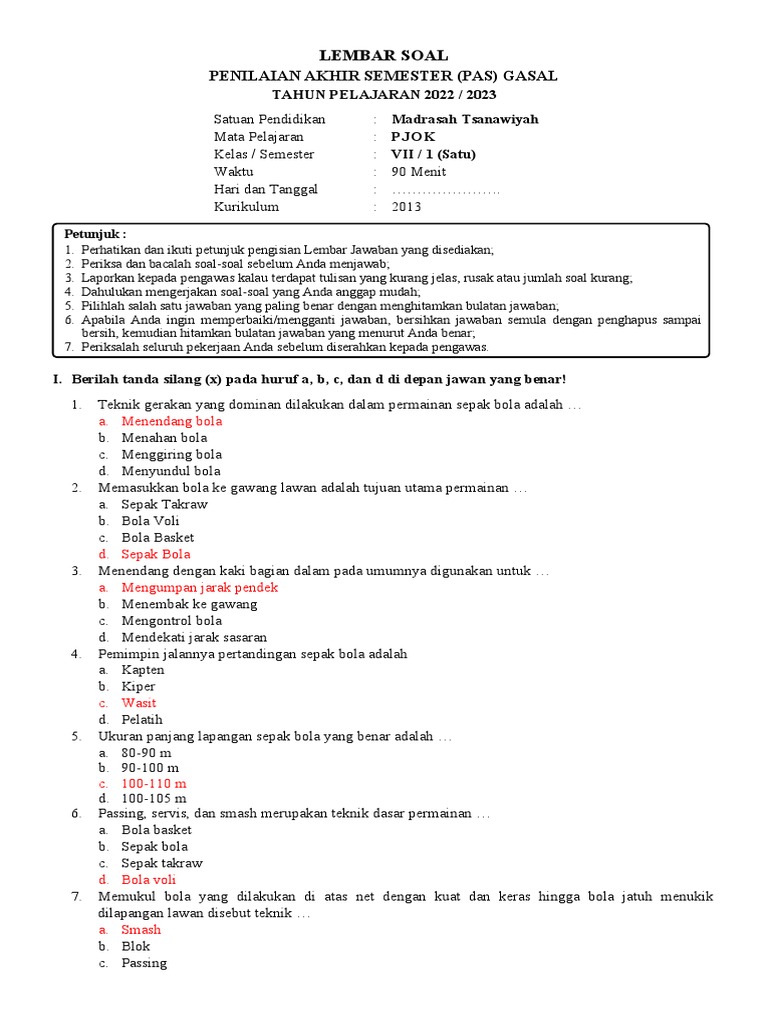 Soal PAS PJOK KLS 7 | PDF | Olahraga & Rekreasi