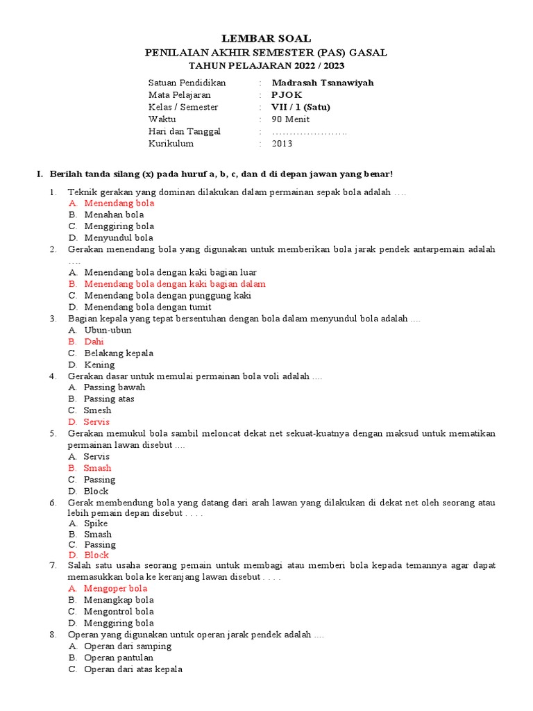 Soal PAS PJOK KLS 7 (Revisi) | PDF
