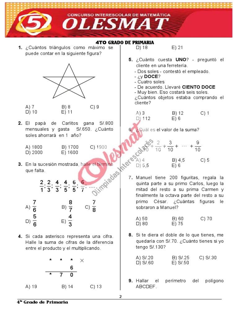 Exámenes de Matemáticas 4to Grado OLESMAT | PDF