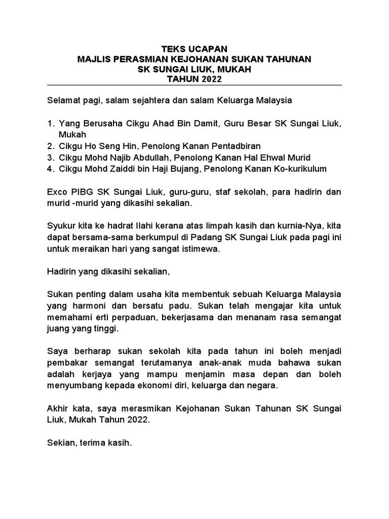 Teks Ucapan Perasmian Hari Sukan | PDF
