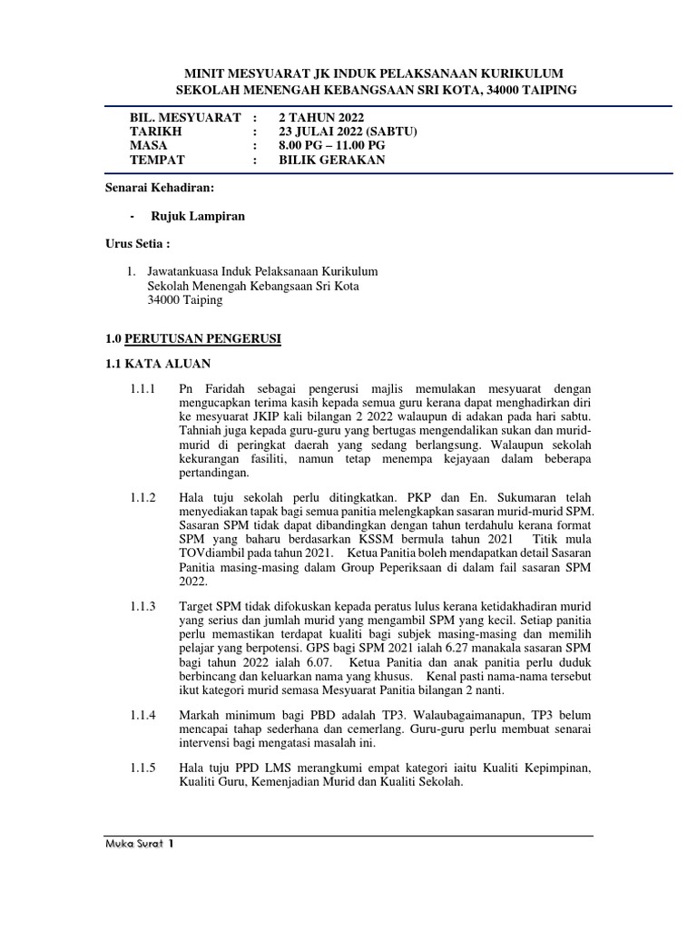 Minit Mesyuarat JK Induk Pelaksanaan Kurikulum Bil 2 2022 | PDF
