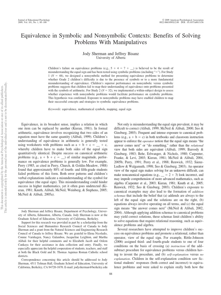 Equivalence in Symbolic and Nonsymbolic Contexts: Benefits of Solving Problems With ...