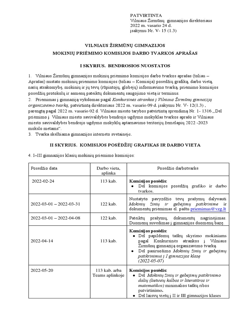 VZG Priemimo Komisijos Darbo Tvarka - 2022 M | PDF
