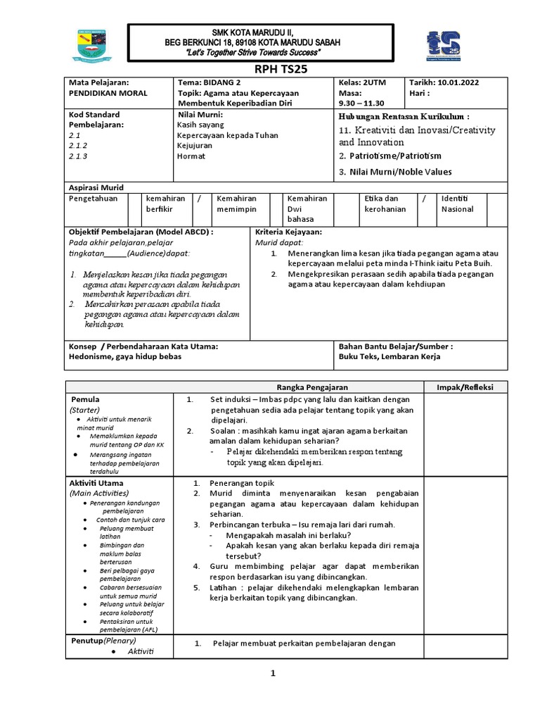 Contoh RPH TS25 Pendidikan Moral | PDF