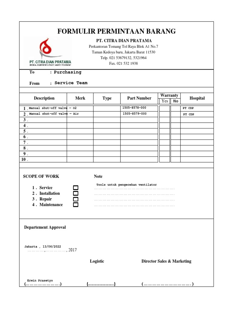Scope of Work for Equipment Request | PDF