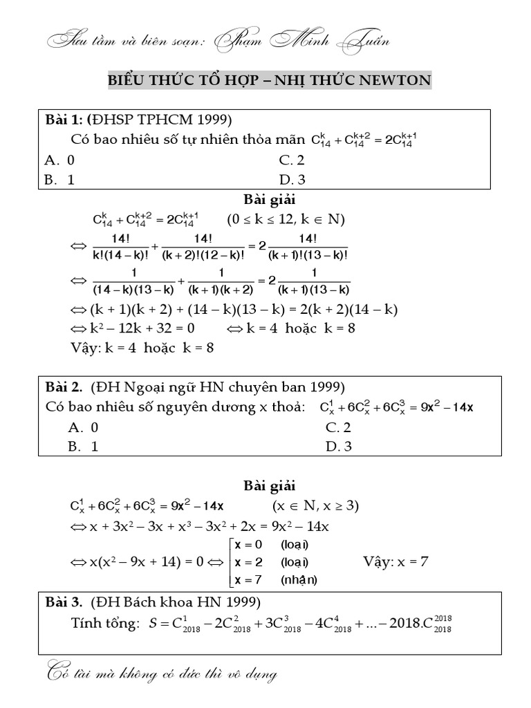 Bai Tap Bieu Thuc To Hop Va Nhi Thuc Newton Pham Minh Tuan | PDF
