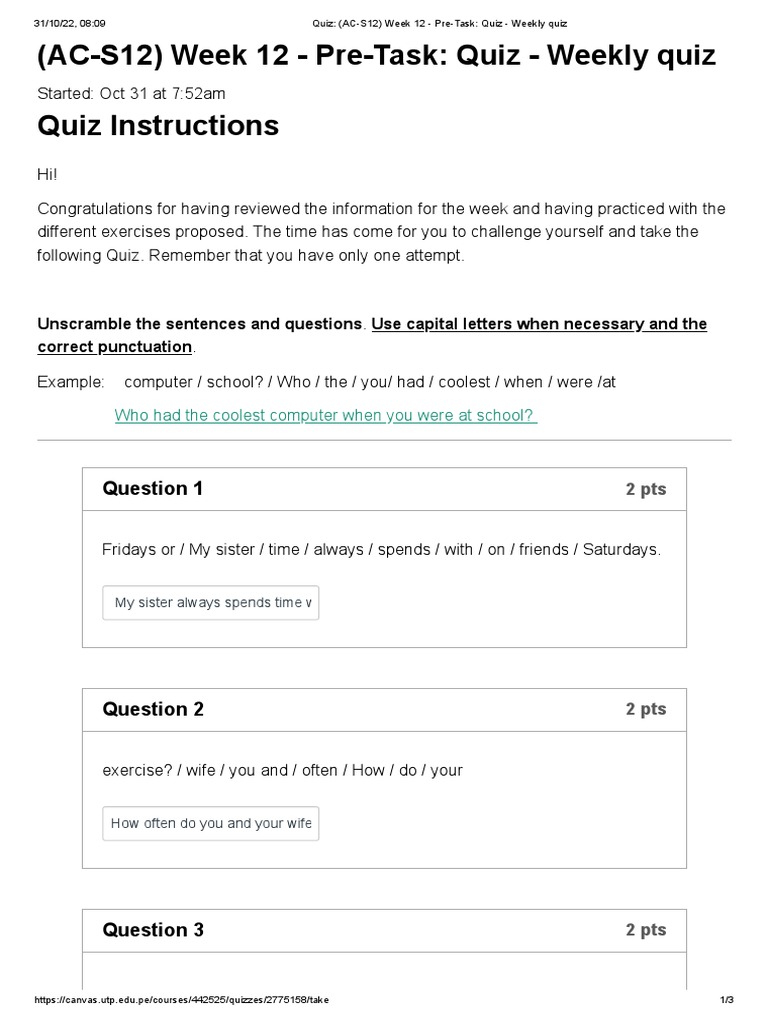 Week 12 Quiz: Sentence Unscrambling | PDF