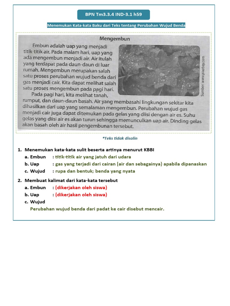Lat IND-3.1 - Tm3.3.4 - Menemukan Kata-Kata Baku Dari Teks Tentang Perubahan Wujud Benda | PDF ...