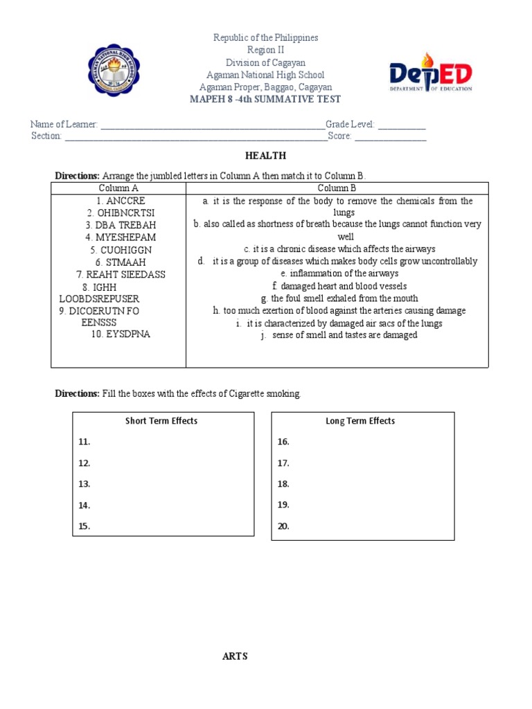 4th Summative Mapeh 8 | PDF | Lung | Respiratory Tract