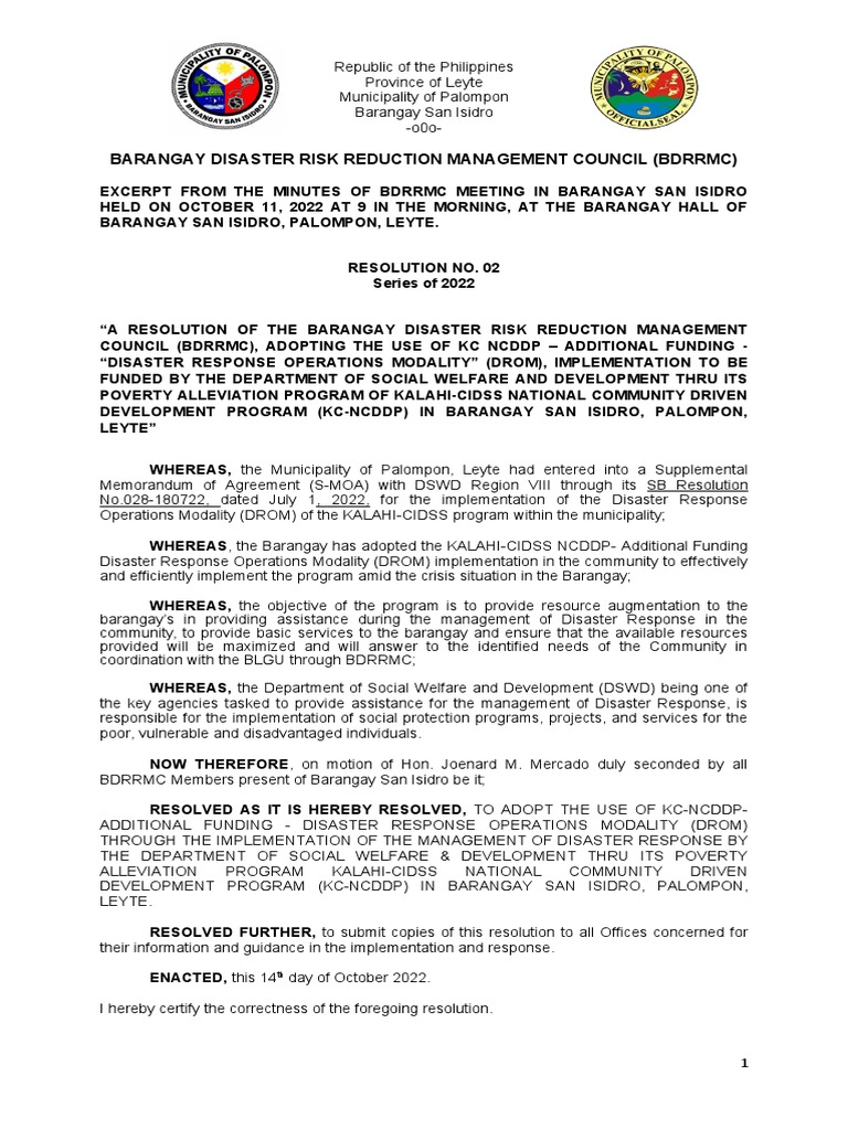 Barangay San Isidro Disaster Response Resolution | PDF | Finance ...