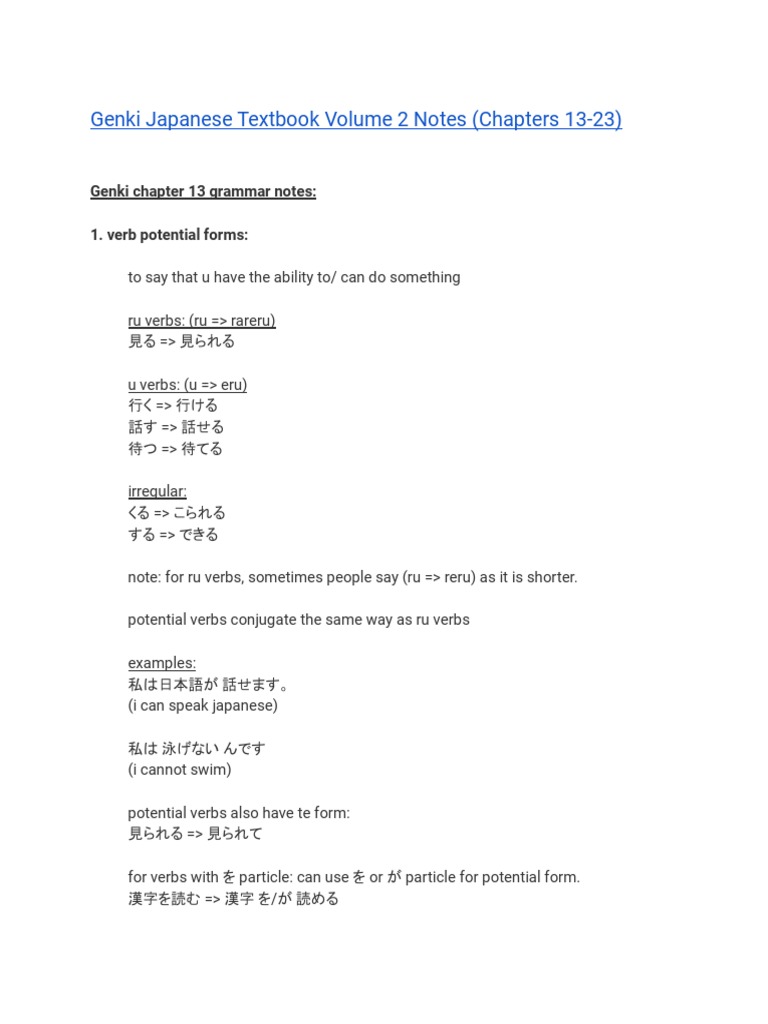 Genki Japanese Textbook Volume 2 Notes (Chapters 13-23) | PDF