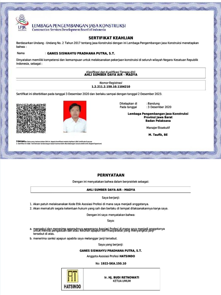 PDF Sertifikat Keahlian Ganes Siswahyu Pradhana Putra ST - Compress | PDF