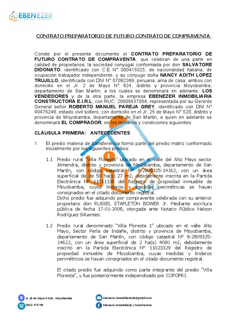 CONTRATO PREPARATORIO de Futuro Contrato de Compraventa INMOBILIARIA | PDF | Derecho