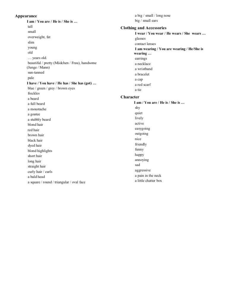 Vocabulary of Physical Appearance | PDF | Human Appearance | Human Hair