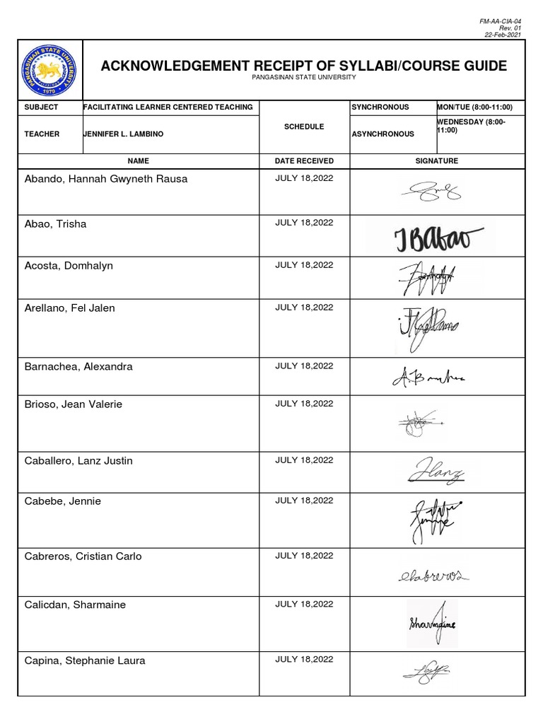 BSED Sci Acknowledgement Receipt of Syllabi by Students - Rev.011 PROFED105 1 | PDF