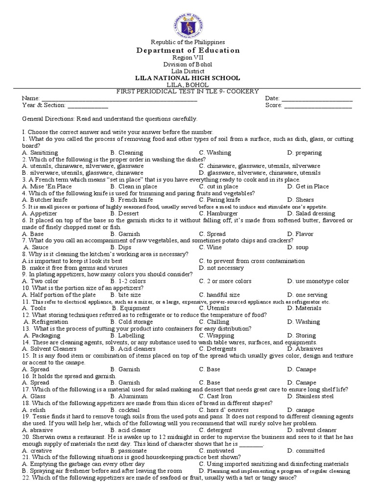 First Periodical Test - Cookery 9 | PDF