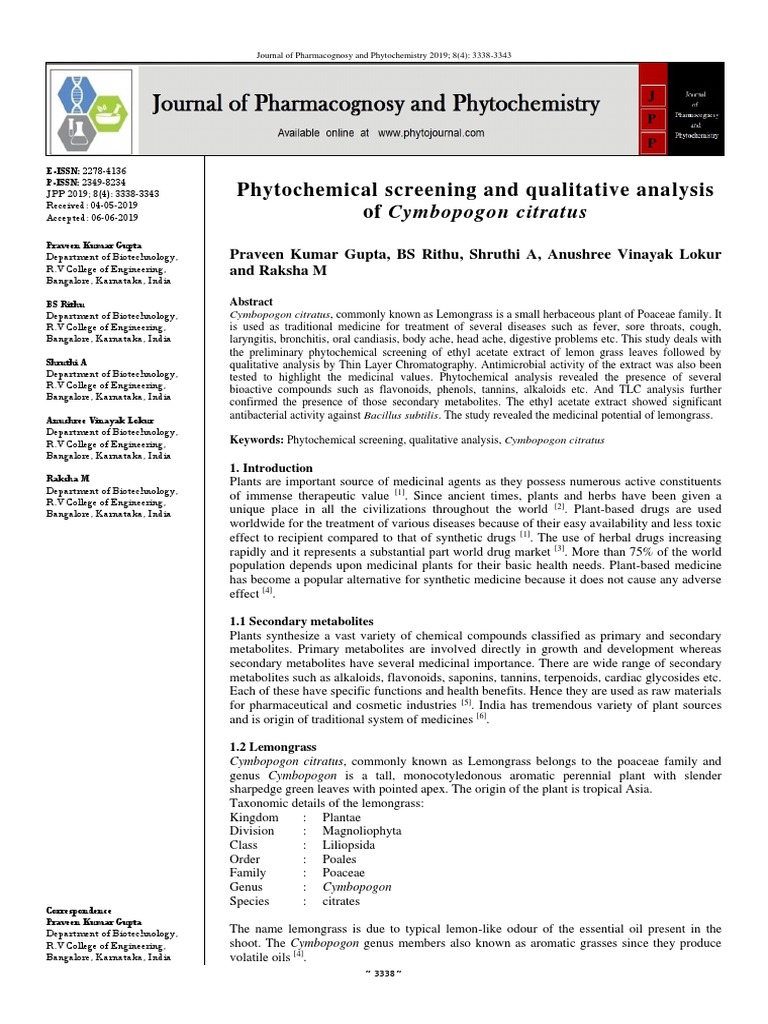 Phytochemical Screening and Qualitative Analysis of Cymbopogon Citratus | PDF | Thin Layer ...
