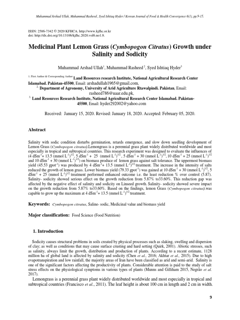 Medicinal Plant Lemon Grass (Cymbopogon Citratus) Growth Under Salinity ...