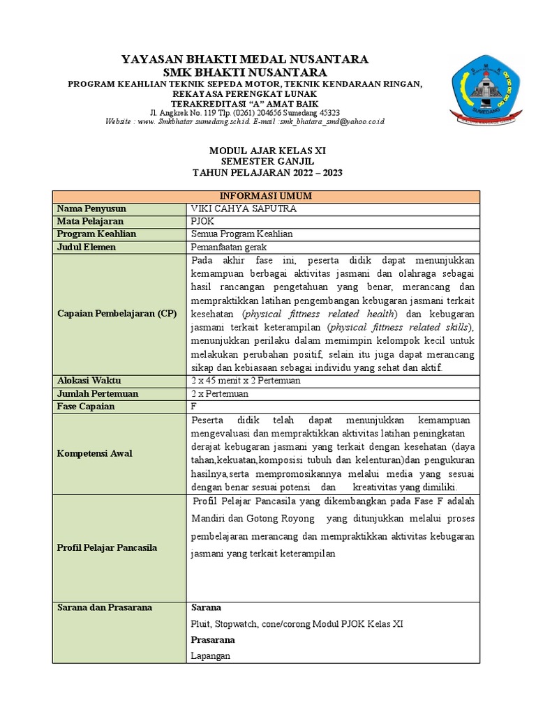 Modul Ajar Aktivitas Kebugaran Jasmani | PDF