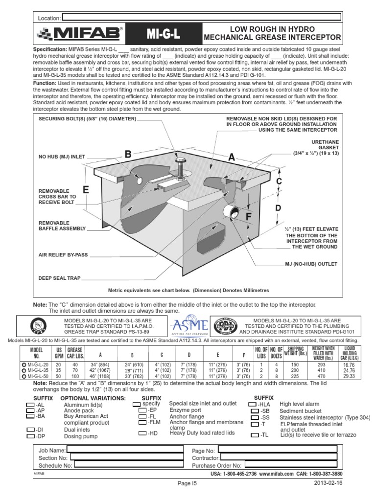 MI-G-L: Low Rough in Hydro Mechanical Grease Interceptor | PDF