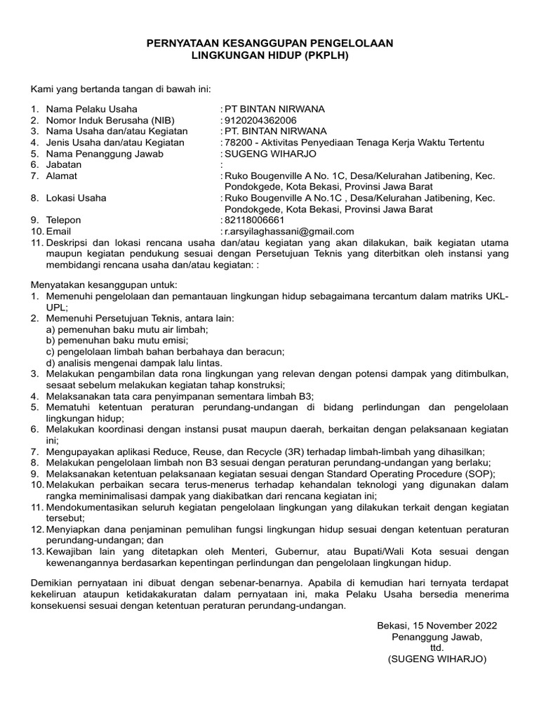 Pernyataan Kesanggupan Pengelolaan Lingkungan Hidup (PKPLH) 2 | PDF