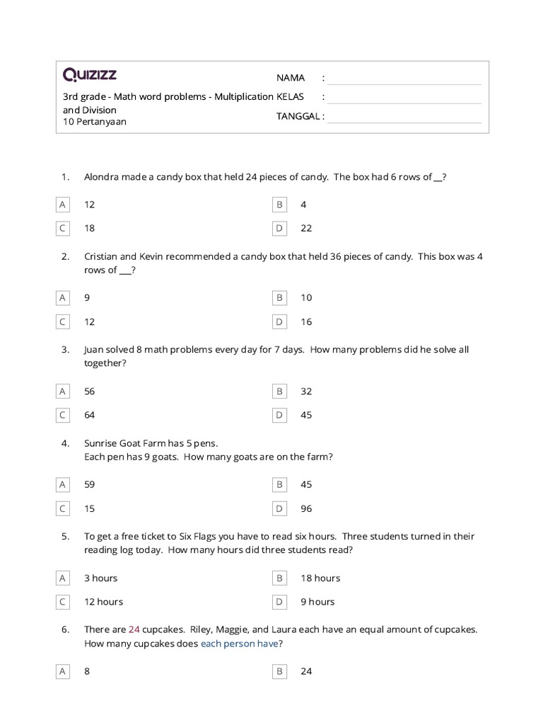 3rd Grade - Math Word Problems - Multiplication and Division | PDF