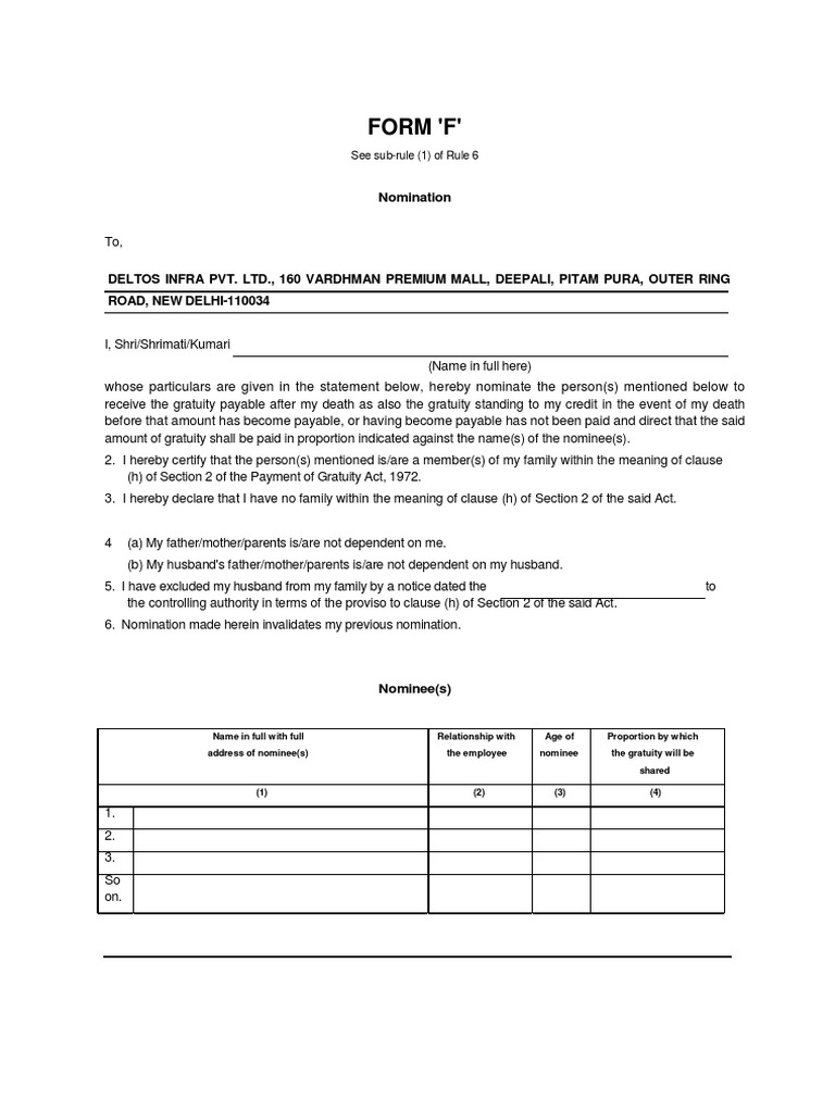Gratuity Form F Nomination Guide | PDF | Law