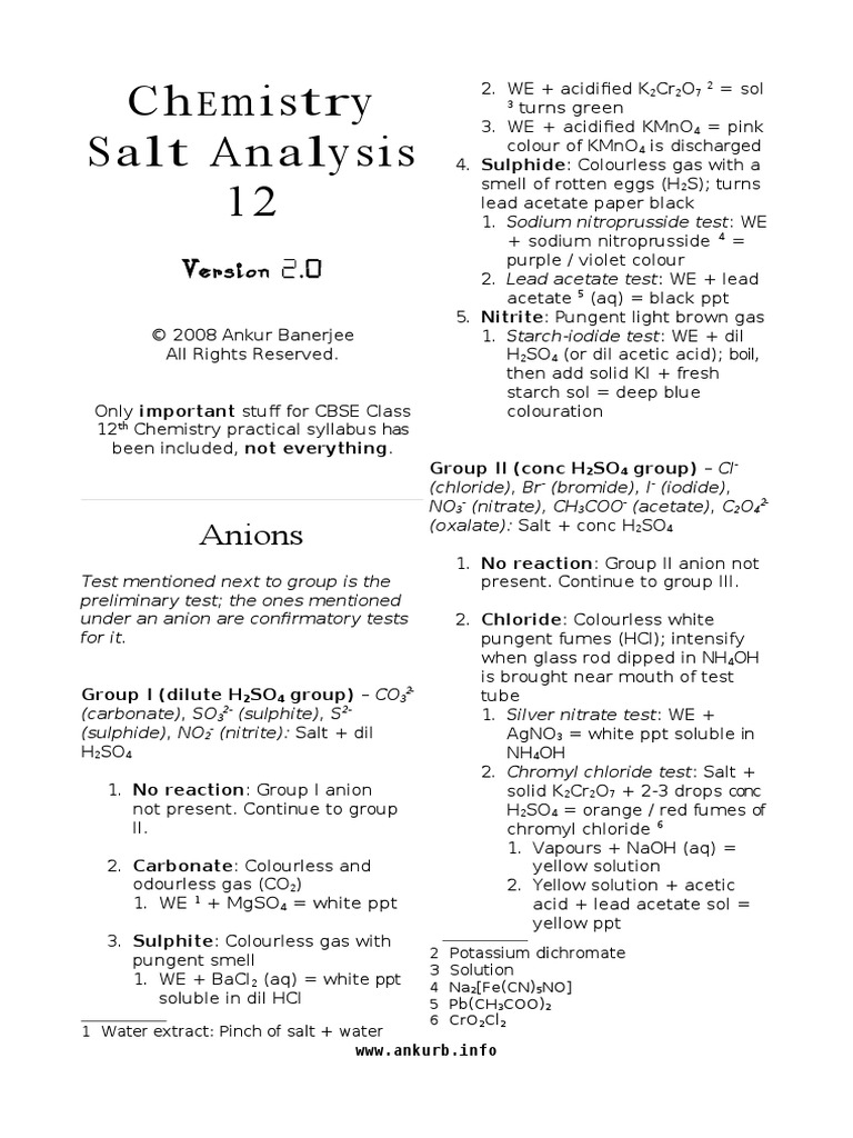 Chemistry Salt Analysis Cheatsheet | PDF | Ammonium | Salt (Chemistry)