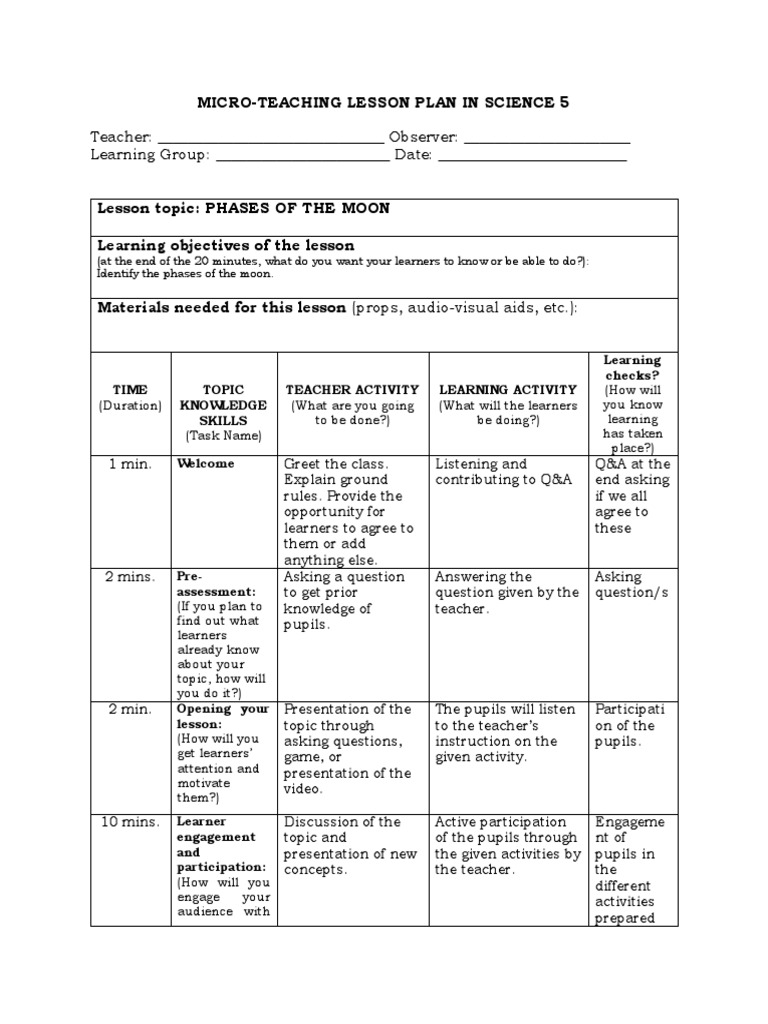 Science Micro-Teaching Lesson Plan | PDF | Learning | Lesson Plan