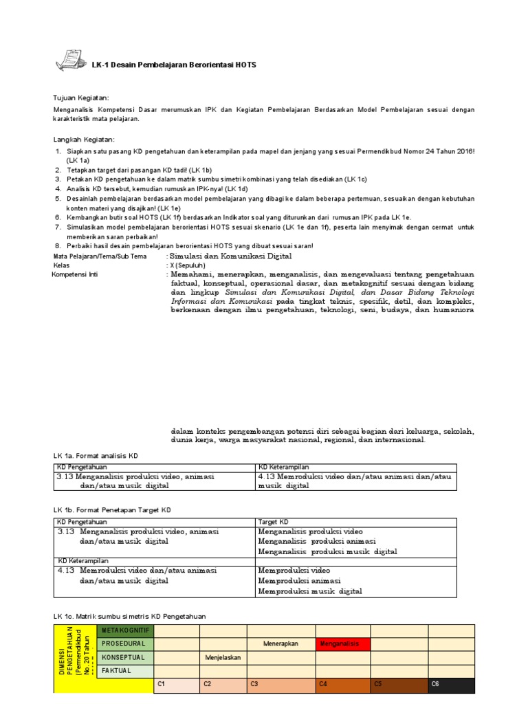 Contoh LK 1 Desain Pembelajaran Berorientasi HOTS | PDF