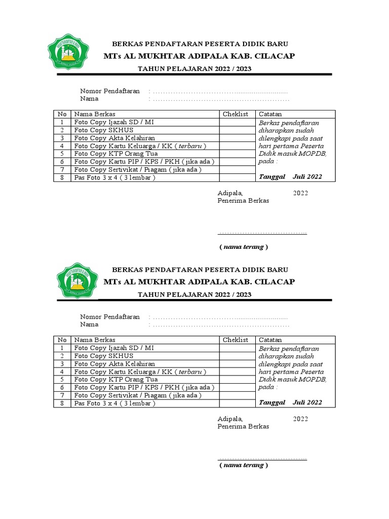 Berkas Pendaftaran Di Map 2022 | PDF