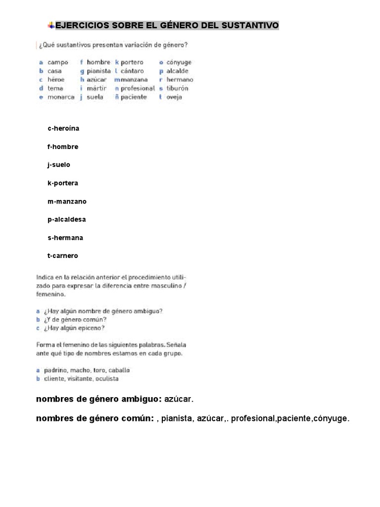 EJERCICIOS SOBRE EL GÉNERO Y NÚMERO DEL SUSTANTIVO | PDF