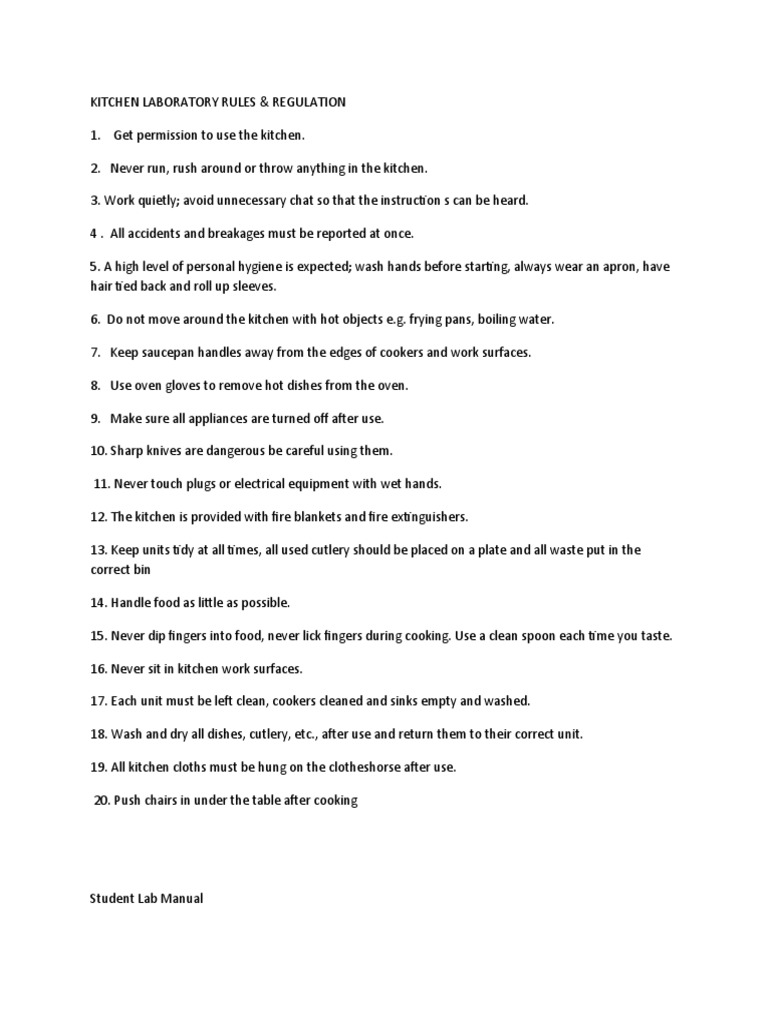 Kitchen Laboratory Safety Guidelines | PDF | Kitchen | Foods