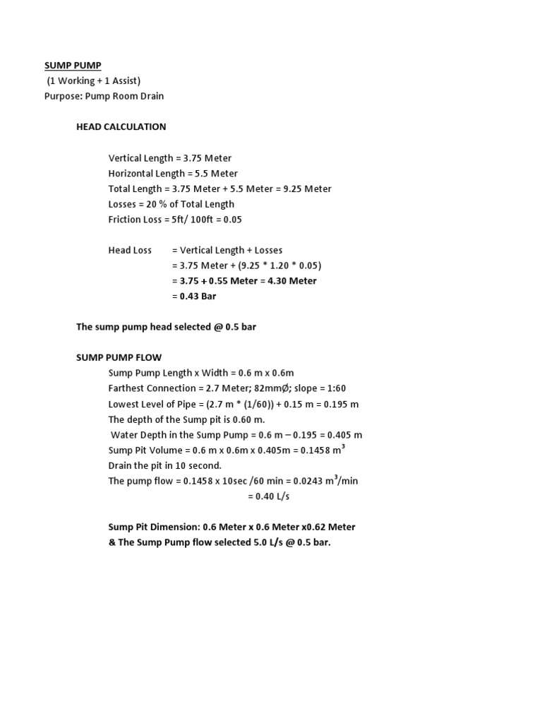 Sump Pump Calculation | PDF
