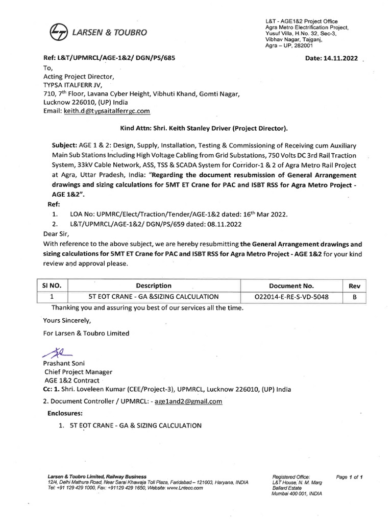 General Arrangement Drawings and Sizing Calculations For 5MT ET Crane ...