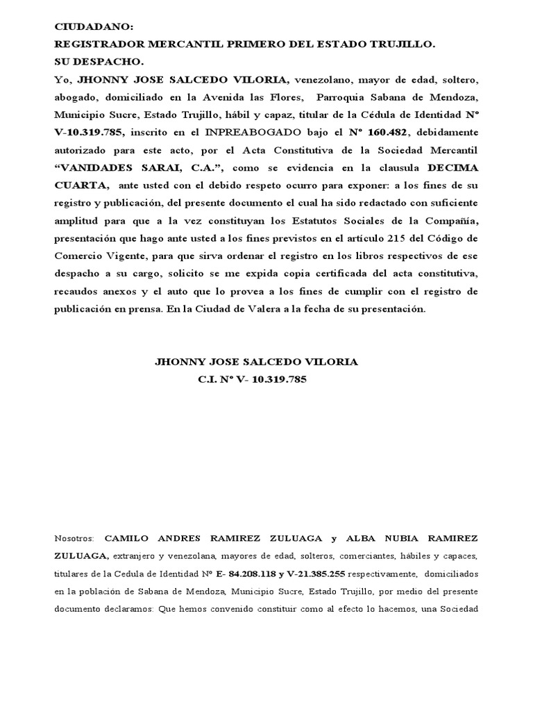 Acta Constitutiva Camilo C.A | PDF | Compartir (Finanzas) | Dividendo