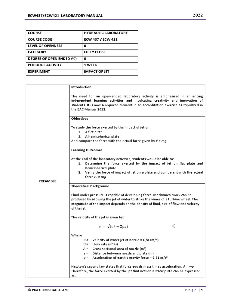 Level 0 ECW437 Impact of Jet - OCT 2022 | PDF | Force | Flow Measurement