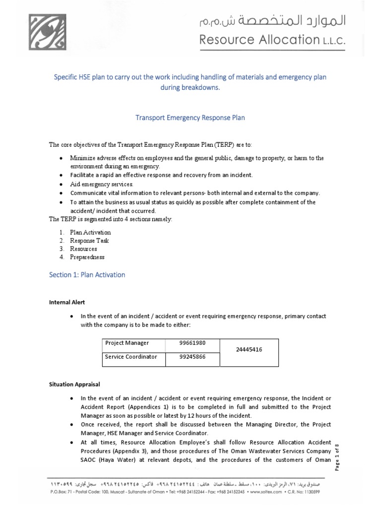RA - Transport ERP | PDF | Personal Protective Equipment | Emergency