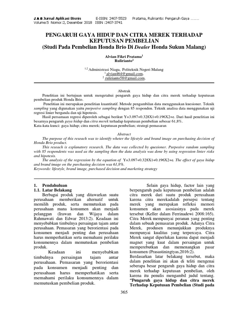 Pengaruh Gaya Hidup Dan Citra Merek Terhadap Keputusan Pembelian Honda Brio 2018 | PDF