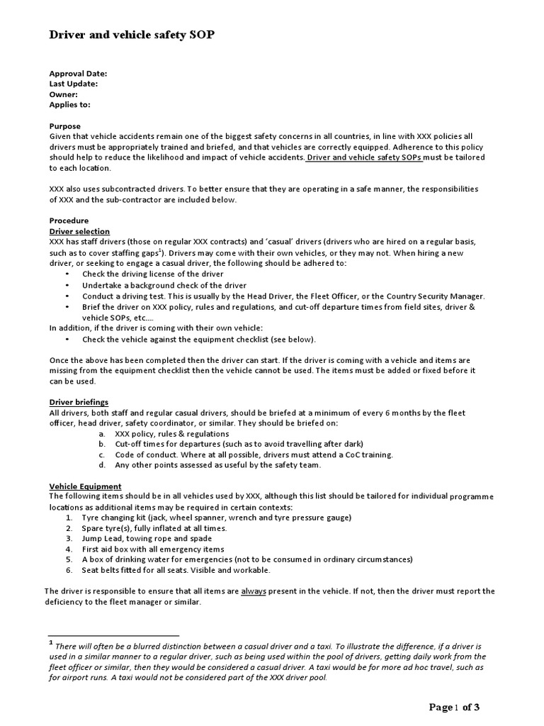 Driver and Vehicle Safety SOP | PDF | Vehicles | Speed Limit