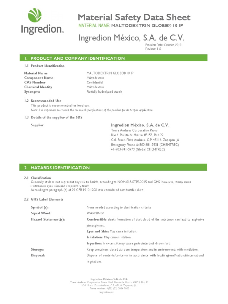 I Globe Maltodextrin 10 IP (10520011) - MSDS | PDF