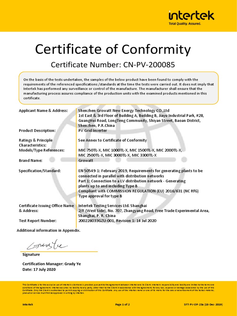 Certificaat EN 50549 1 Growatt MIC 750 3300TL X | PDF